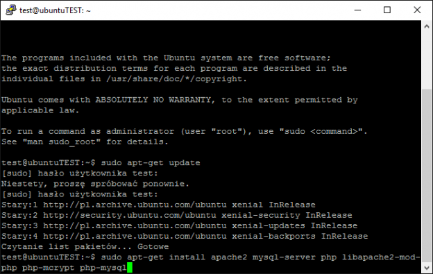 Instalacja Linux Apache MySQL PHP LAMP na Ubuntu Server 16.04 LTS